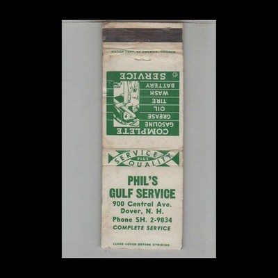 Matchbook Cover Gulf Gas Station Phil's Gulf Service Dover NH | eBay