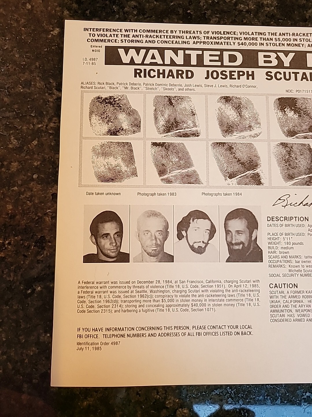 FBI WANTED POSTER. Richard Joseph Scutari. Aryan Nations Movement 1985 ...