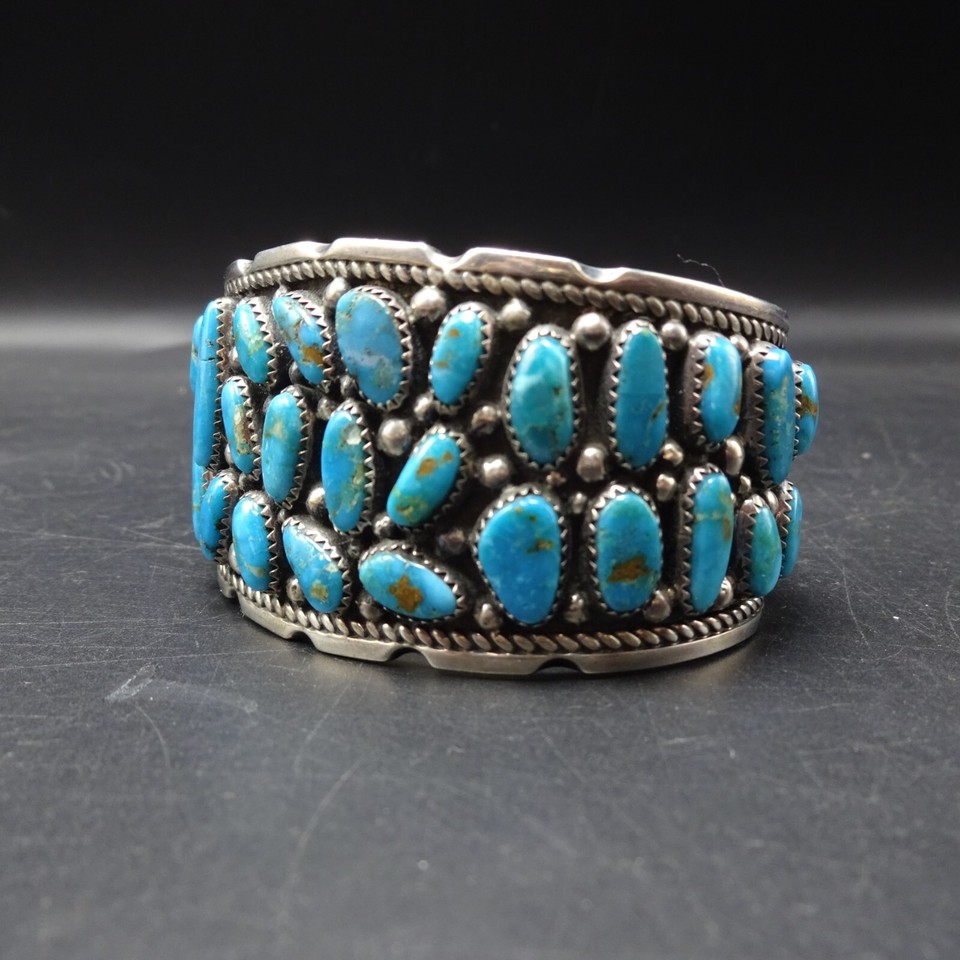 Delbert Gordon NAVAJO Sterling Silver DEEP BLUE TURQUOISE Cluster Cuff ...