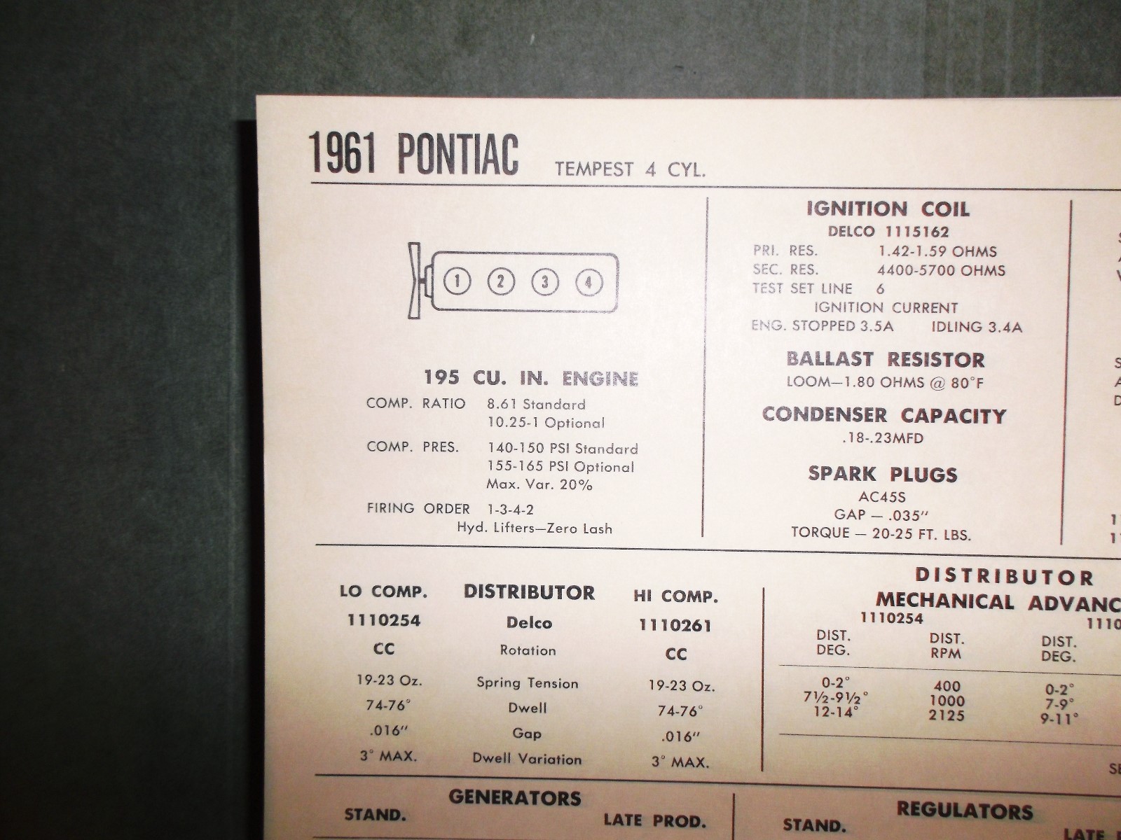 1961 Pontiac FOUR Series Tempest Models 195 Cubic Inch L4 Tune Up Chart ...