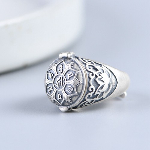 I05 Ring Poison Ring Buddhist 6-Wort-Mantra Lotus Flower Silver 925 ...
