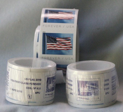2 Coils of 100 USPS Forever Stamps US Flags First Class Postage Rolls ...