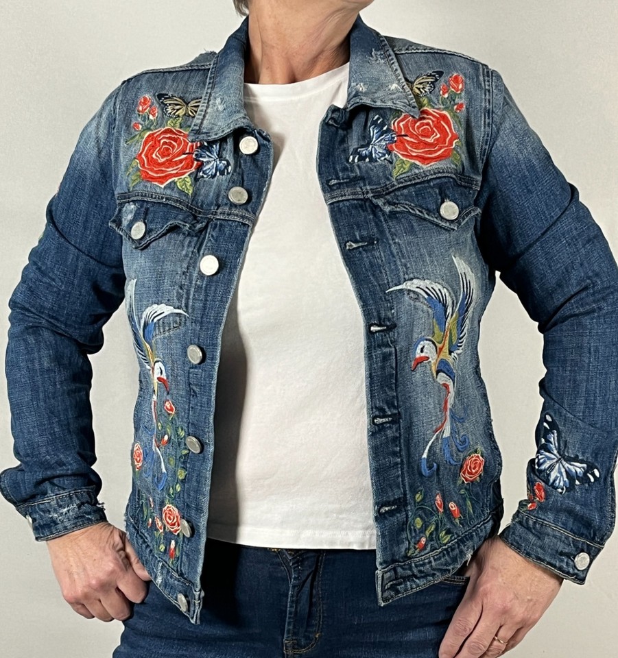 Embroidered Denim Jacket Phoenix Roses Boho Festival Jean Statement ...