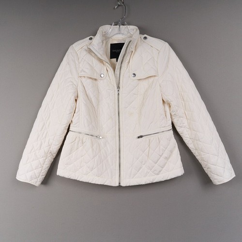 Talbots Quilted Puffer Jacket Women's MP Petite Ivory Cream Front Zip ...