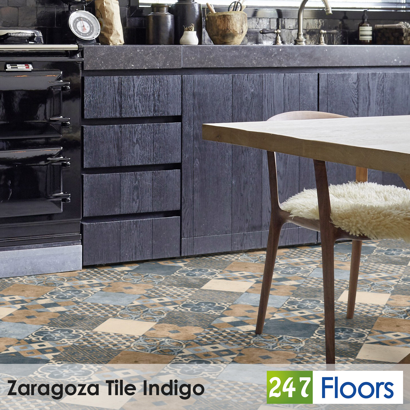 Zaragoza Tile Indigo Goliath 450 Vinyl Flooring 4.5mm Extra Thick Lino ...