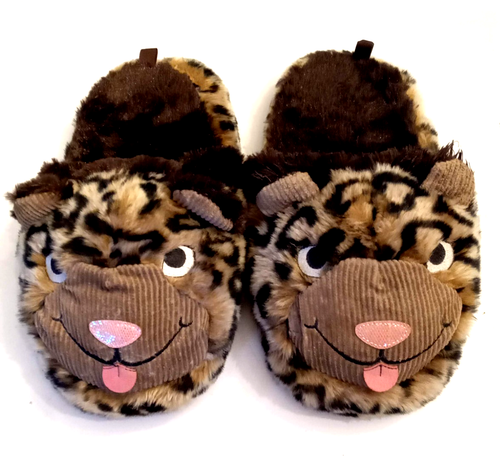 Fuzzy Plush Leopard Slippers Mules Womens Pink Glitter Nose Wild Cat ...
