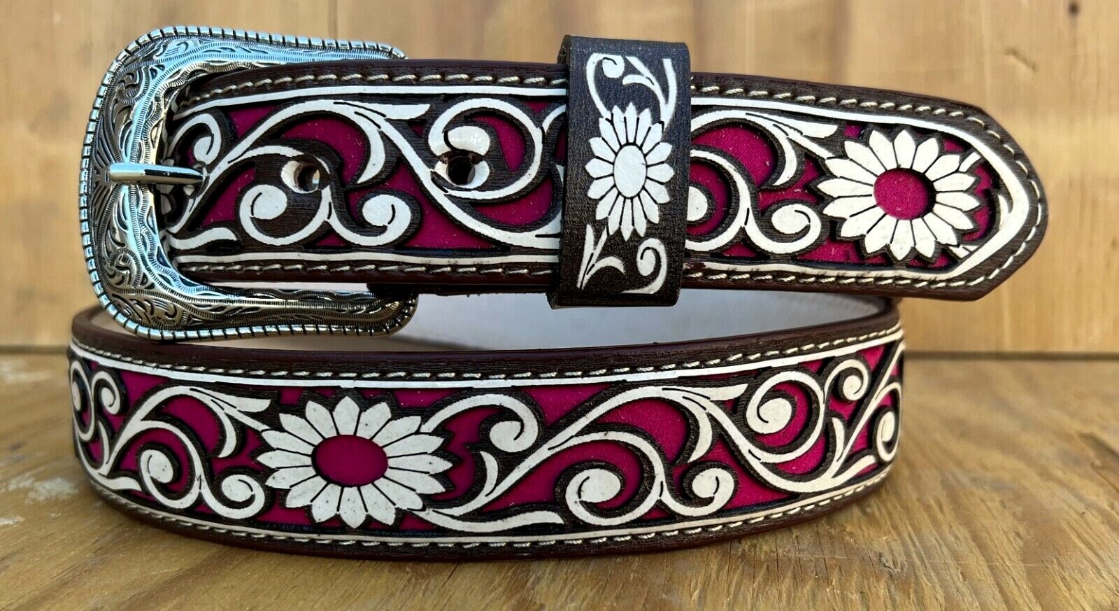 WOMEN'S BROWN WESTERN BELT, HAND TOOLED GENUINE LEATHER COWGIRL RODEO ...