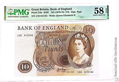 1970 GREAT BRITAIN BANK OF ENGLAND Ten Pounds Banknote QE II PMG 58 EPQ ...