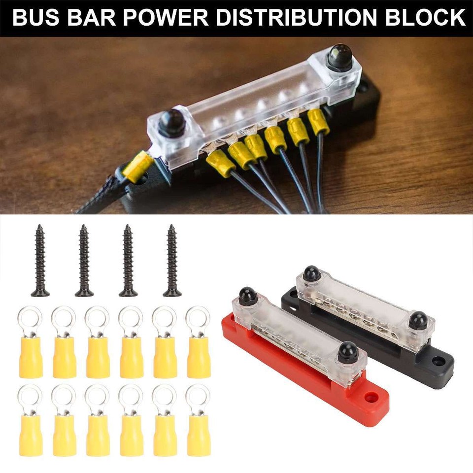2x 6 Terminal Power Block Bus Bar & Cover 12V Distribution Bus Bar Auto ...