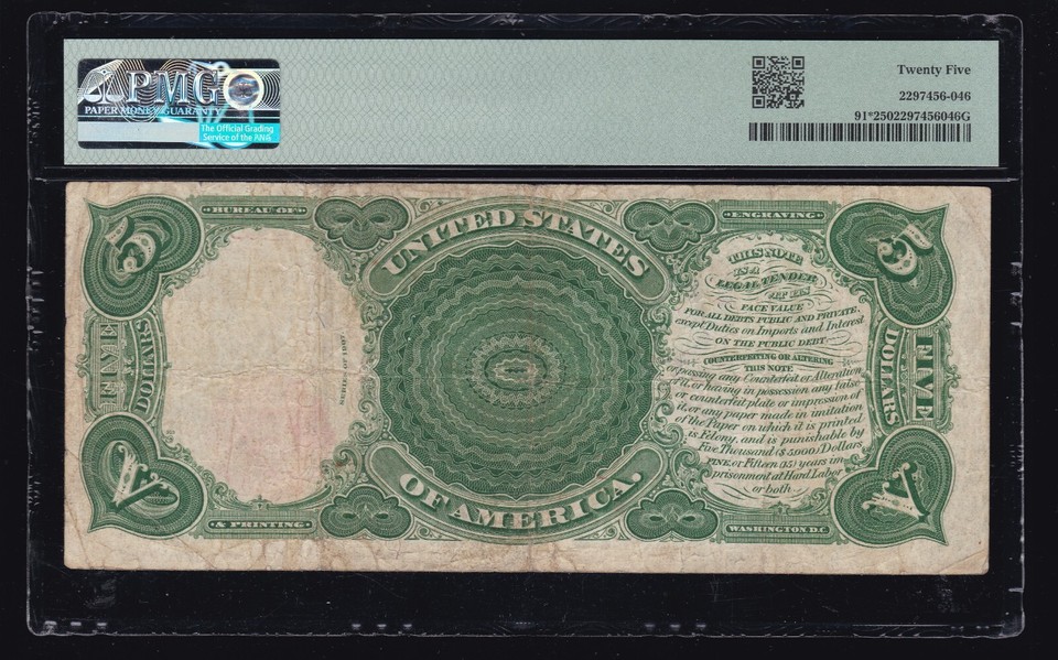 US 1907 $5 Legal Tender Woodchopper STAR Note w/PCBLIC ERROR FR 91 PMG ...