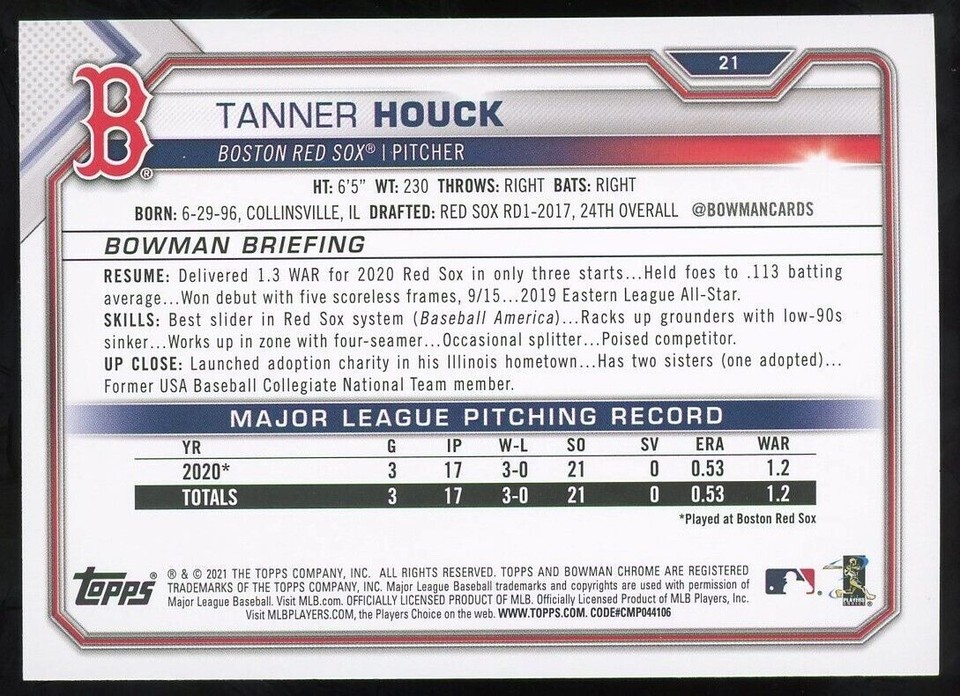 2021 Bowman Tanner Houck Rookie Boston Red Sox RC #21 | eBay