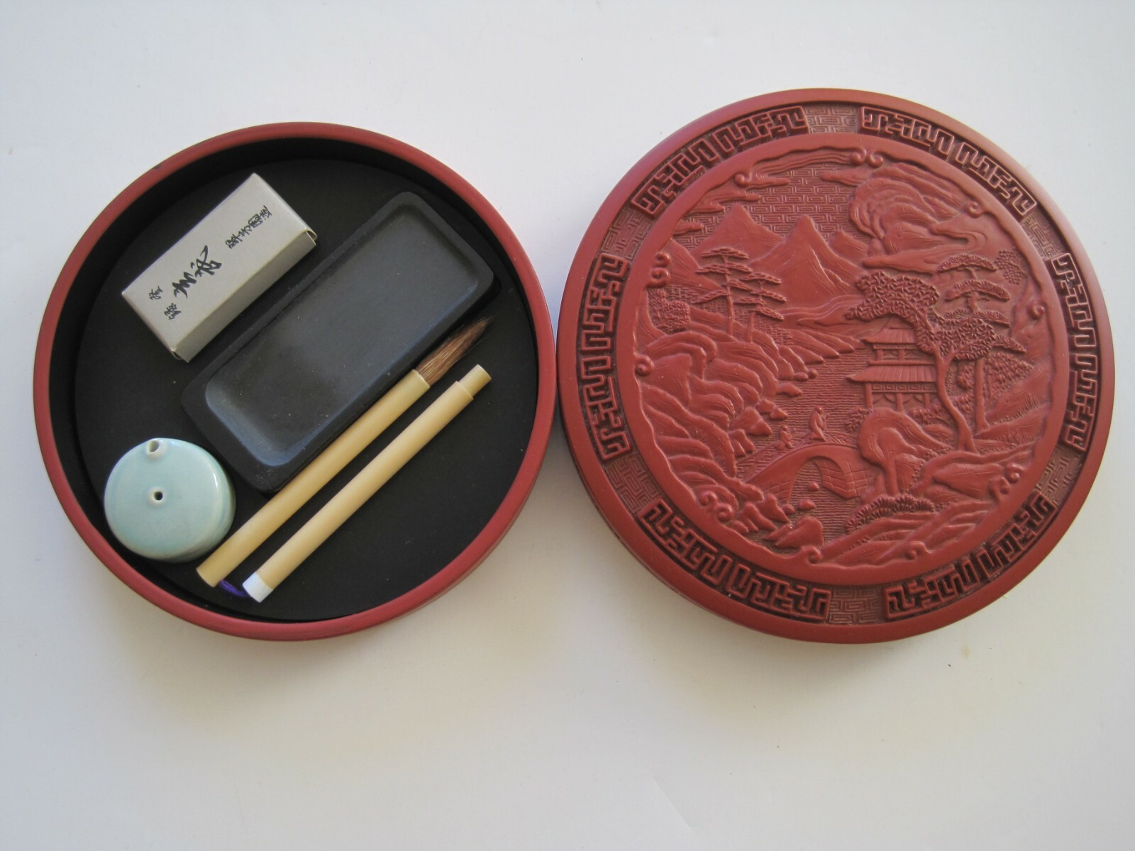 Vintage Chinese Calligraphy Set Ink Stone Tools Cinnabar Red Lacquer ...