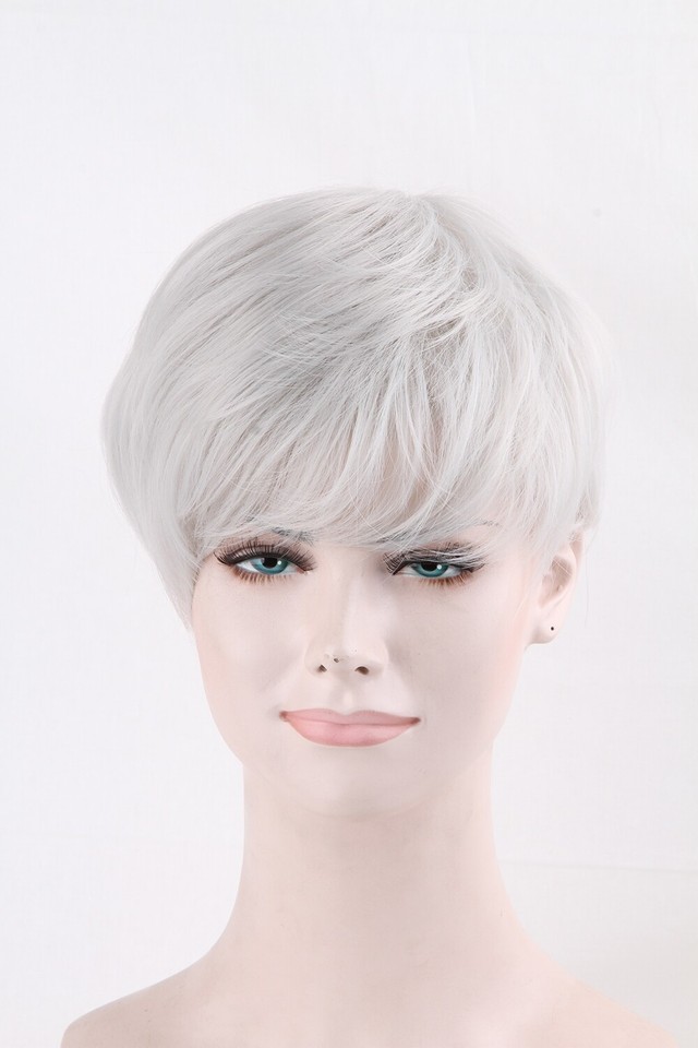 Silver White Short Wigs Full Wigs Pixie Cut Synthetic Straight Wig for ...
