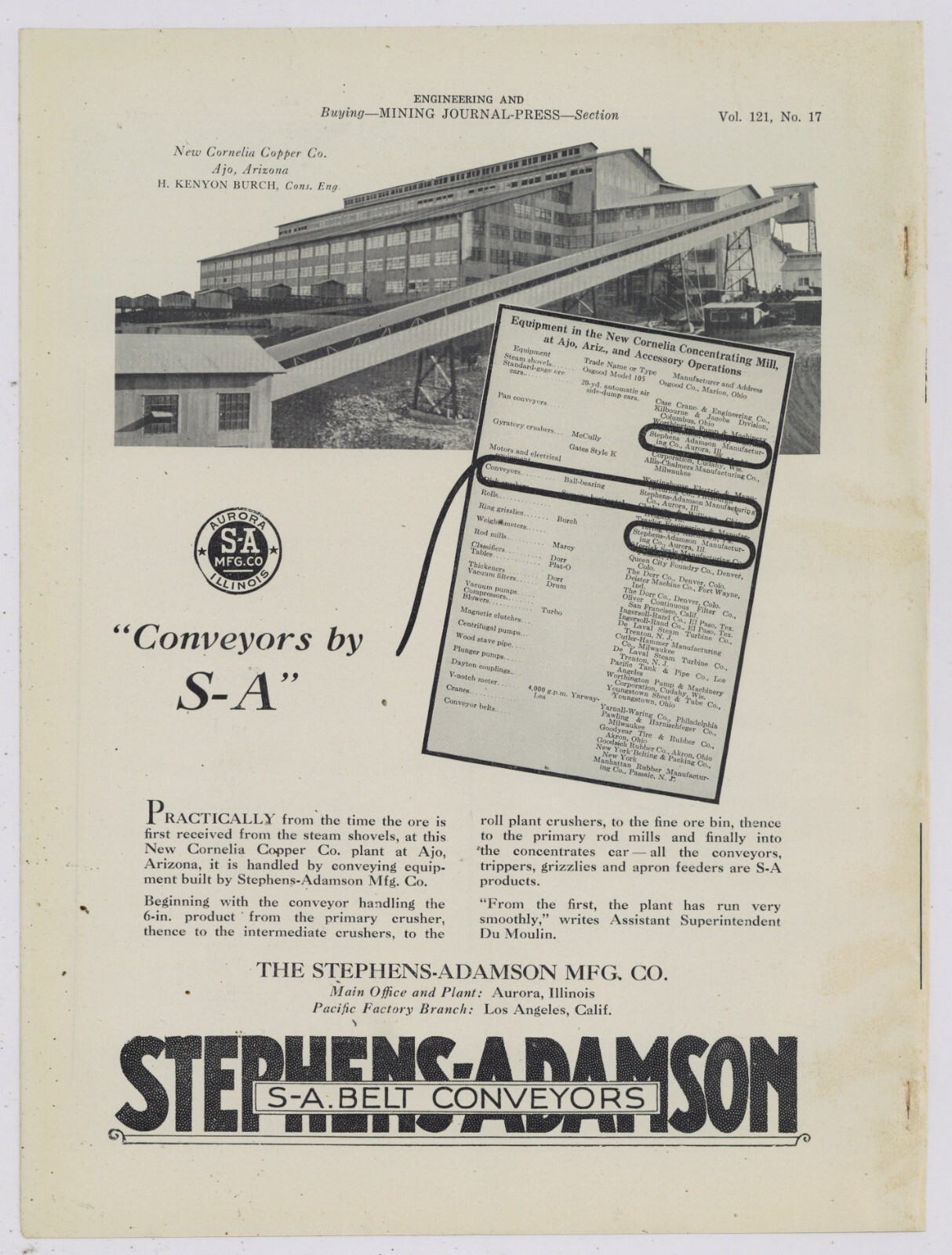 1926 Stephens Adamson Ad: Cornelia Copper Co. Ajo, Arizona ...