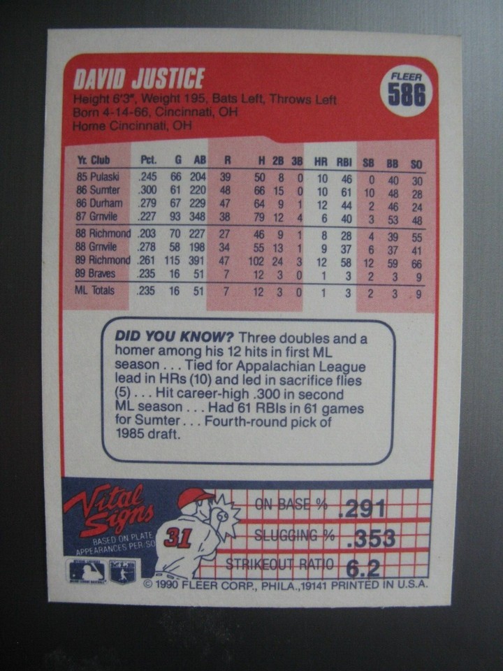 1990 Fleer David Justice Rookie Card RC #586 Atlanta Braves | eBay