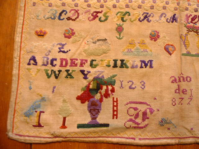 Wonderful 19ThC Needlepoint Sampler Dated 1877 W/Dog Birds Flowers Cat ...