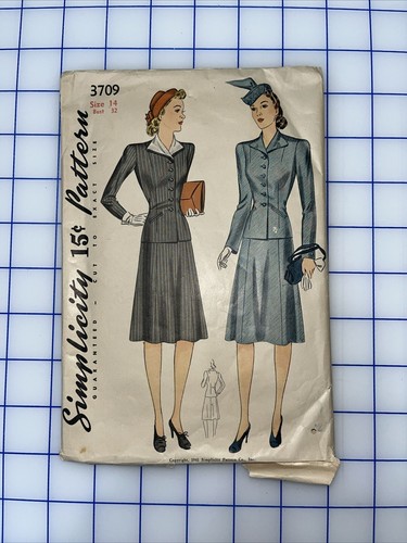 Vintage 1941 Simplicity Pattern #3709 Two Piece Skirt Suit Size 14 Bust ...