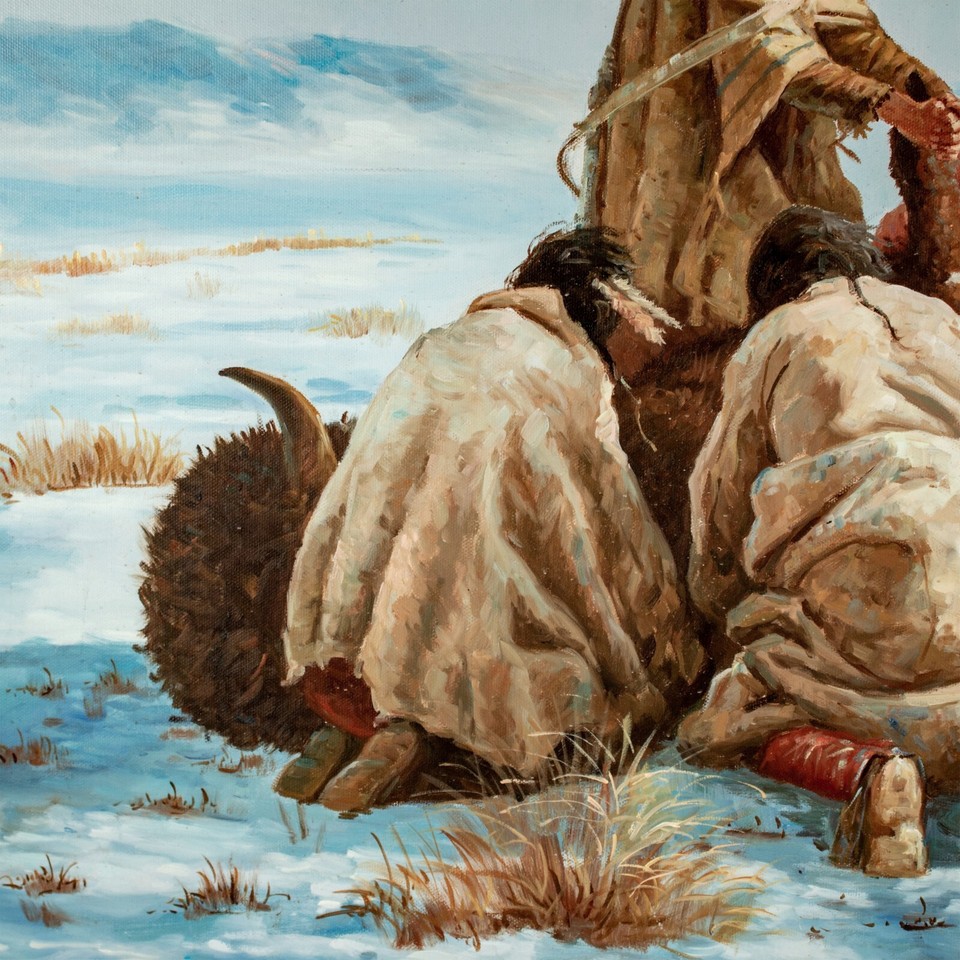 Grandpa Vintage ALASKA Eskimo Hunting Wildlife Scene Oil Painting 36"W ...