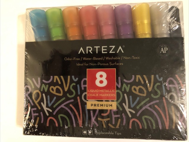 Arteza Liquid Chalk Markers Set of 8 Metallic Colors Replaceable Chisel ...