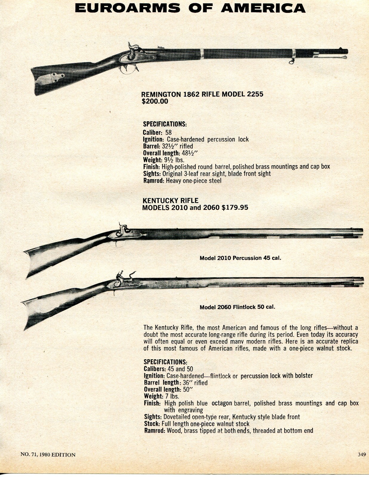 1980 Print Ad of Euroarms of America Remington 1862, Kentucky Rifle ...