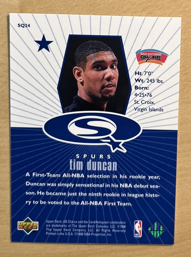 Tim Duncan 1998-99 Upper Deck Blue Foil Starquest Card #SQ24, MINT | eBay