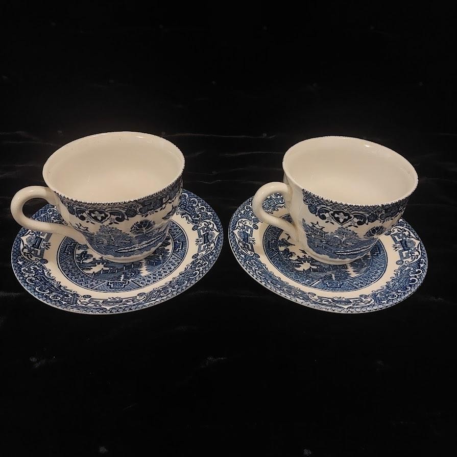 Vintage English Ironstone Tableware Willow Pattern Tea Cups and Saucers ...
