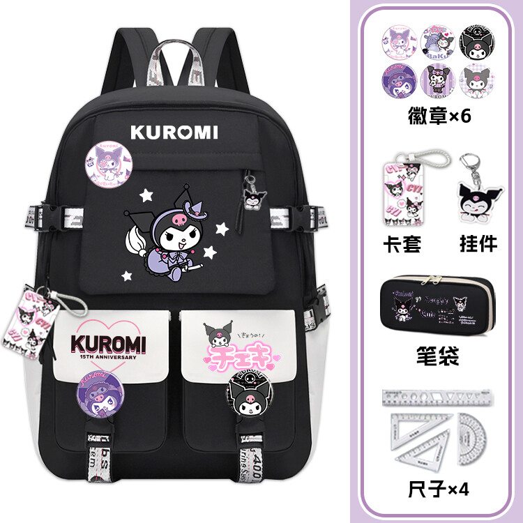 Cartoon Kuromi Black Backpack Large Schoolbag Satchel W/Badge Pendant ...