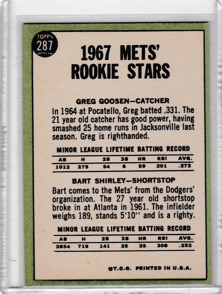 1967 Topps Baseball Card #287 New York Mets Rookies Goosen, Shirley ...