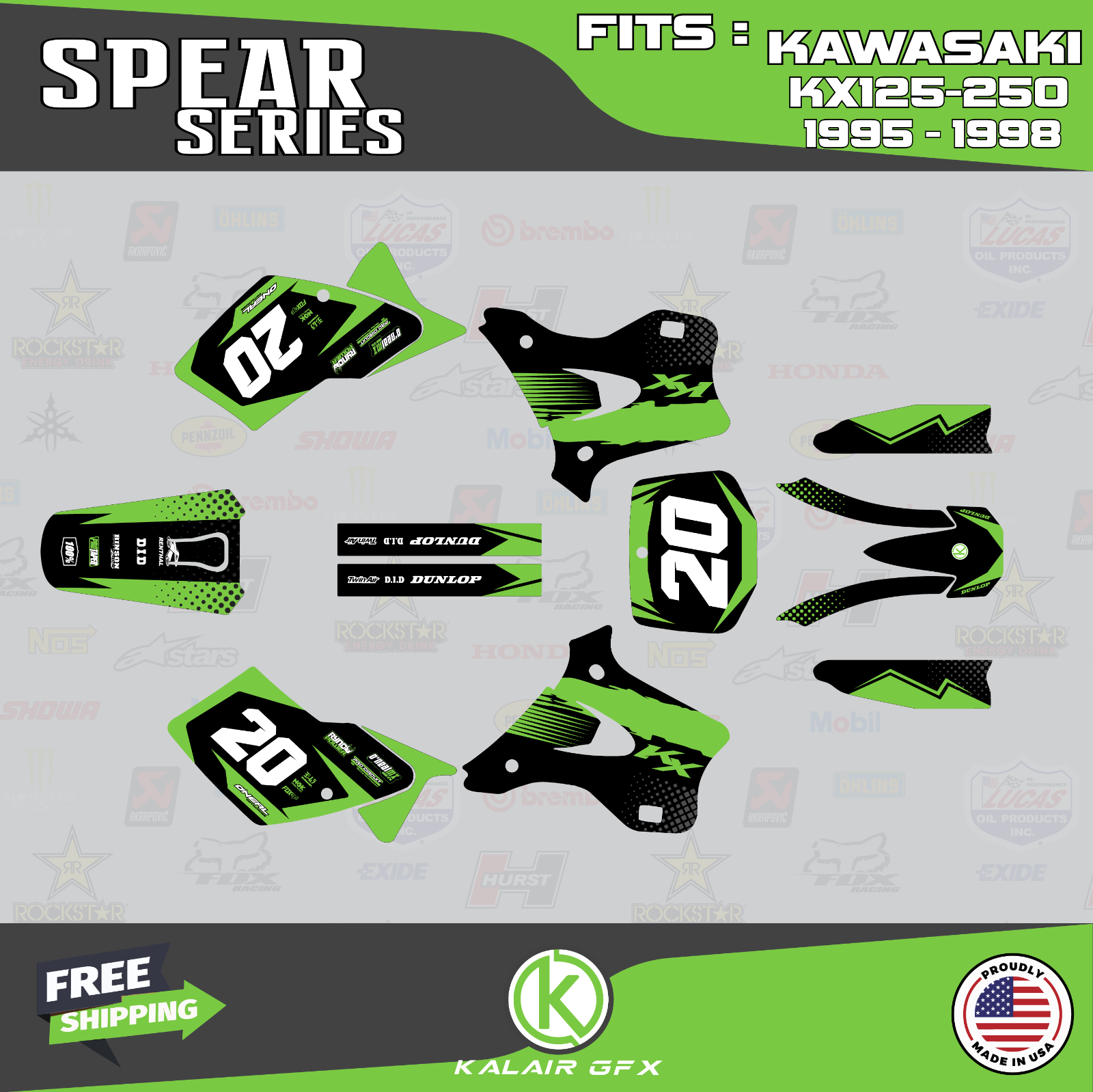 Graphics Kit for Kawasaki KX125 KX250 (1995-1998) Spear Series - Green ...
