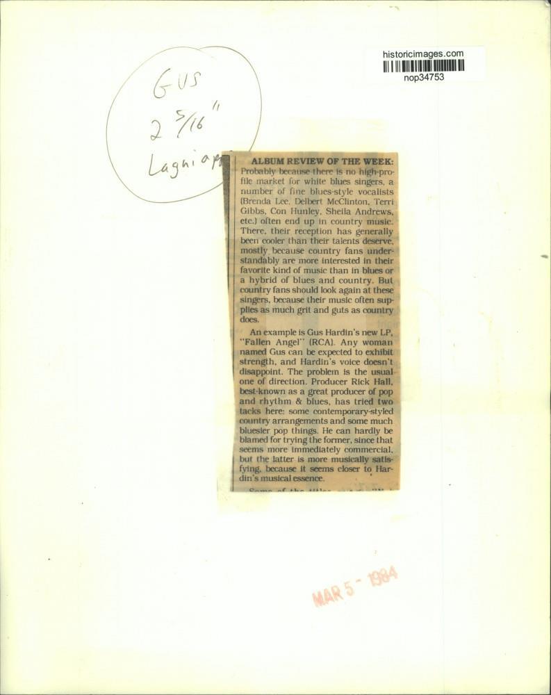 1984 Press Photo Gus Hardin's new LP, "Fallen Angel" Album review ...