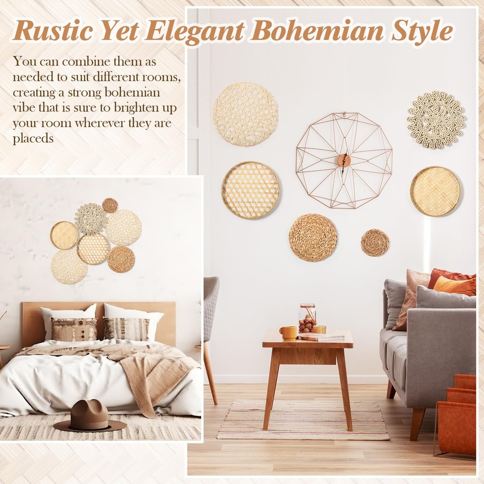 7 Pcs Boho Wall Basket Decor, Seagrass Woven Round Bohemian Hanging ...