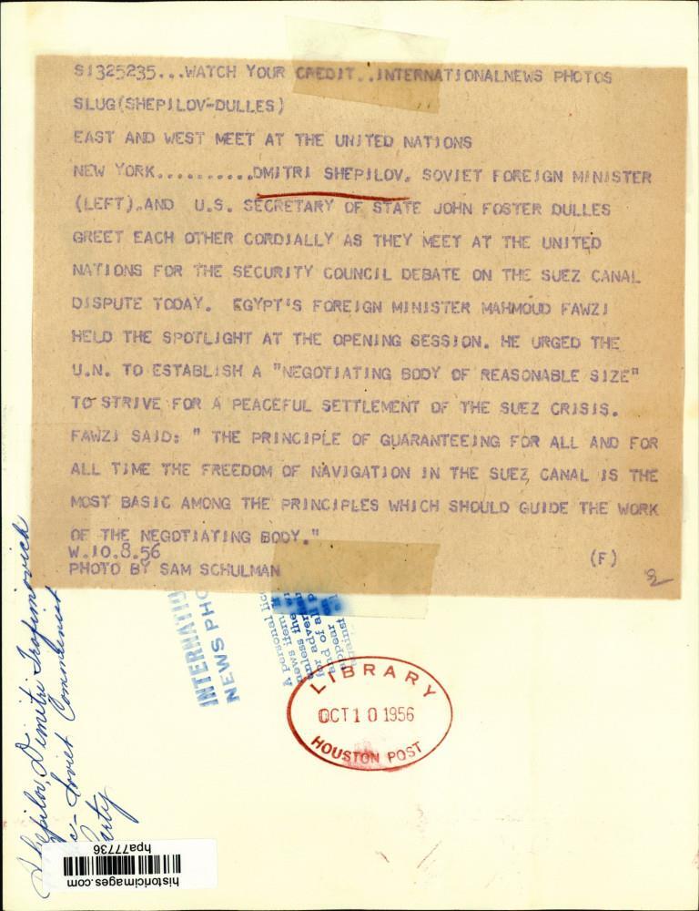 1956 Press Photo Dmitri Shepilov and John Foster Dulles meet in New York. | eBay