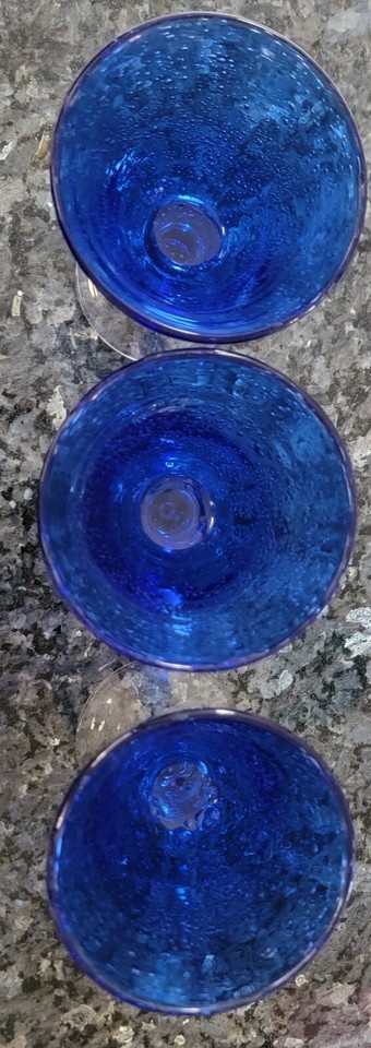 Hand Blown Glass Deep Cobalt Blue Goblets set of 3, Air Bubble Stemware ...