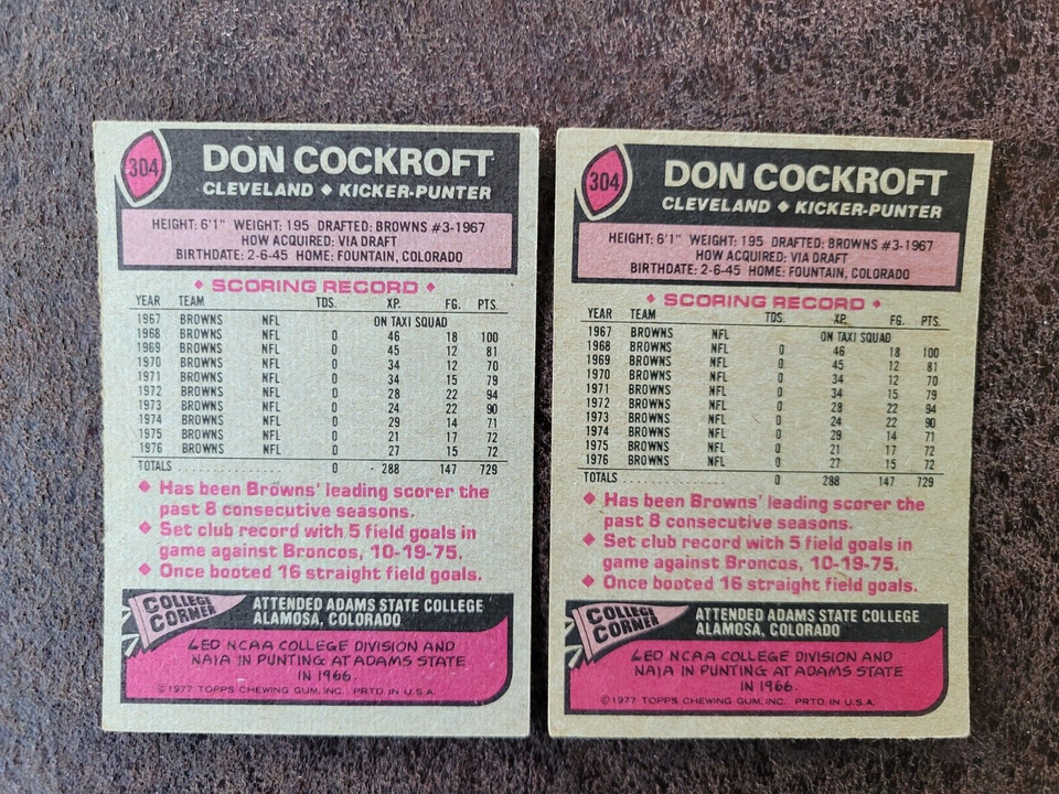 PICK 1 - 1977 Topps Football Don Cockroft #304- Cleveland Browns ...