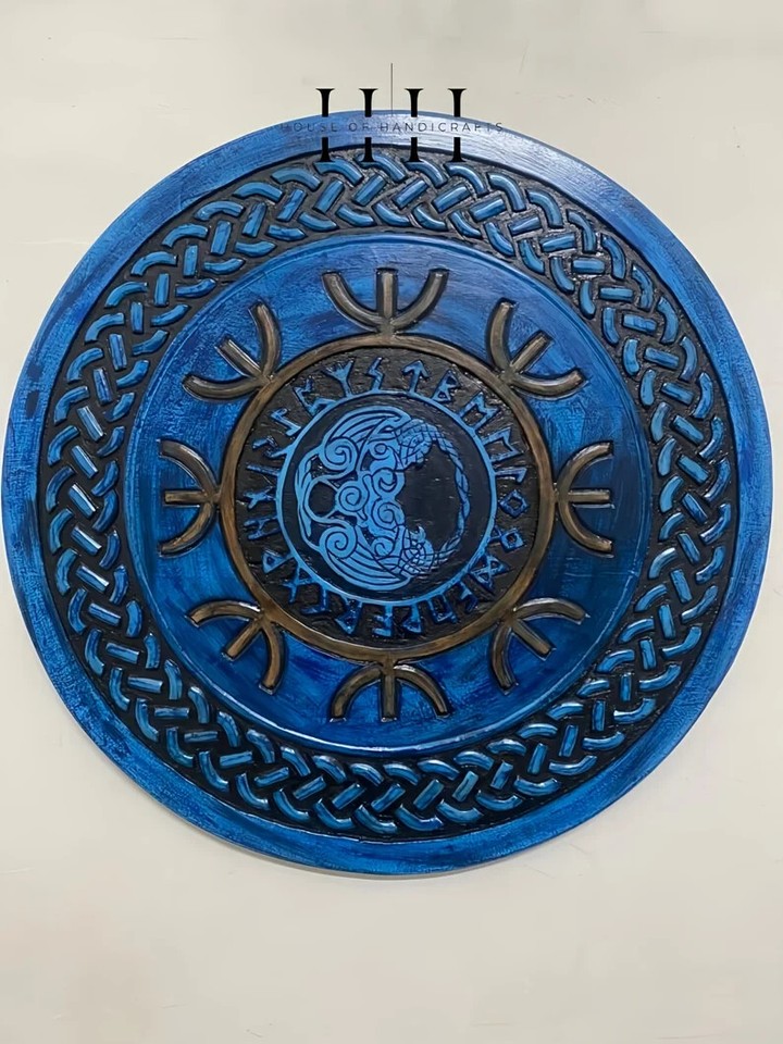 viking round carved shield 24'and 30'inches blue/brown color unique ...