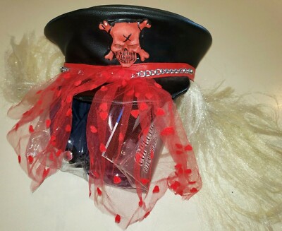 womens BLACK POLICE COP HAT HALLOWEEN COSTUME blonde wig attached skull ...