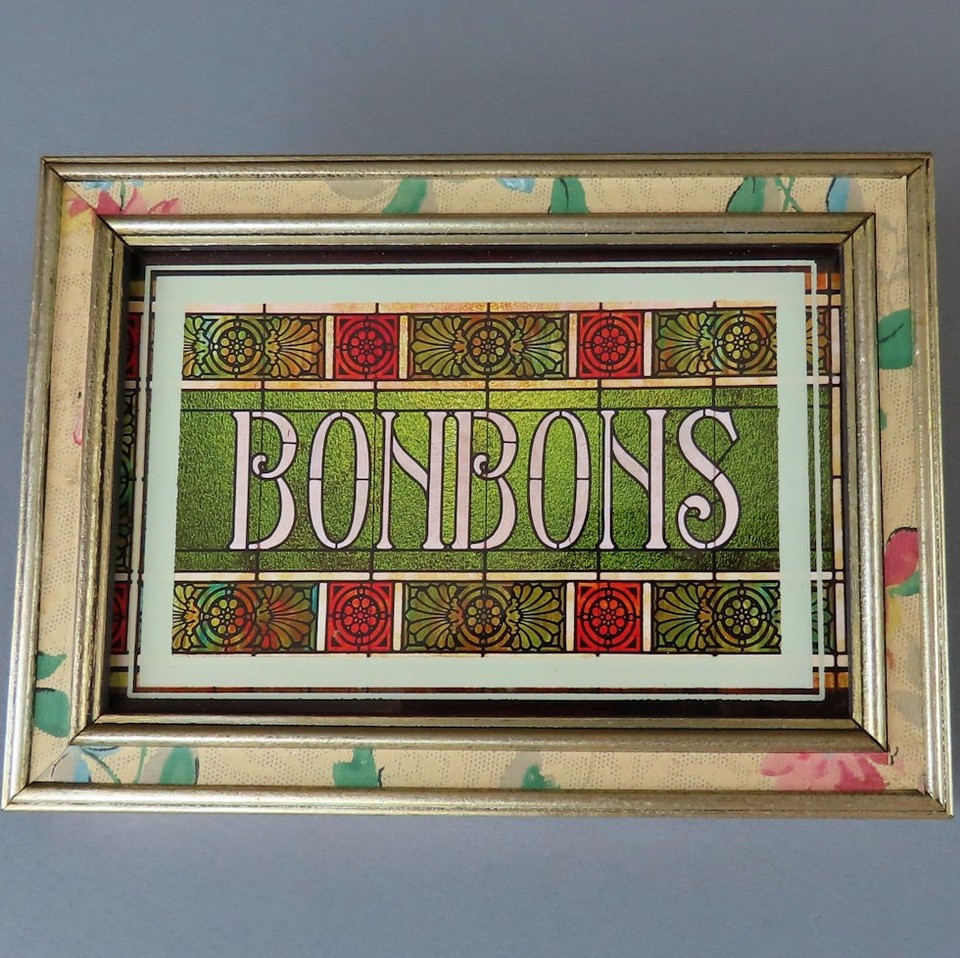 Decorative Small Vintage Frame Stained Glass "BON BONS" Sign w Reverse ...
