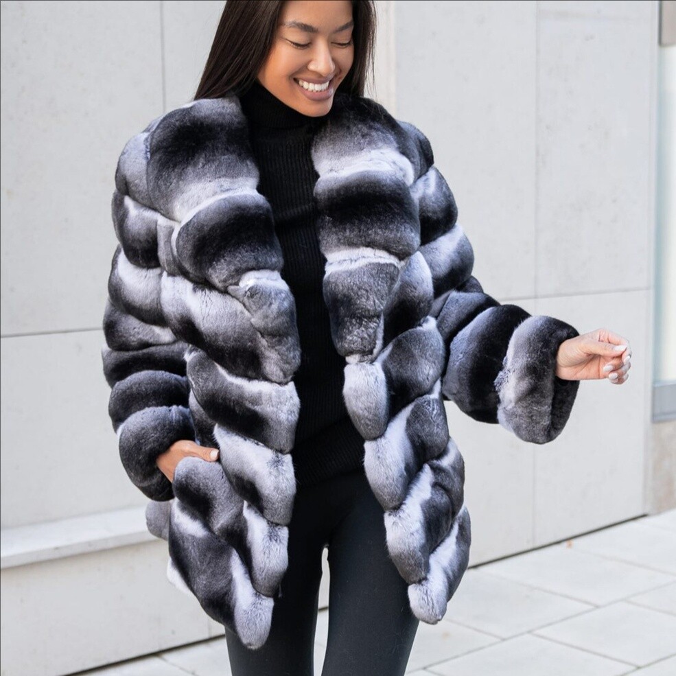 Natural Fur Jacket Women's Real Rex Rabbit Fur Coat Winter Lapel Collar ...