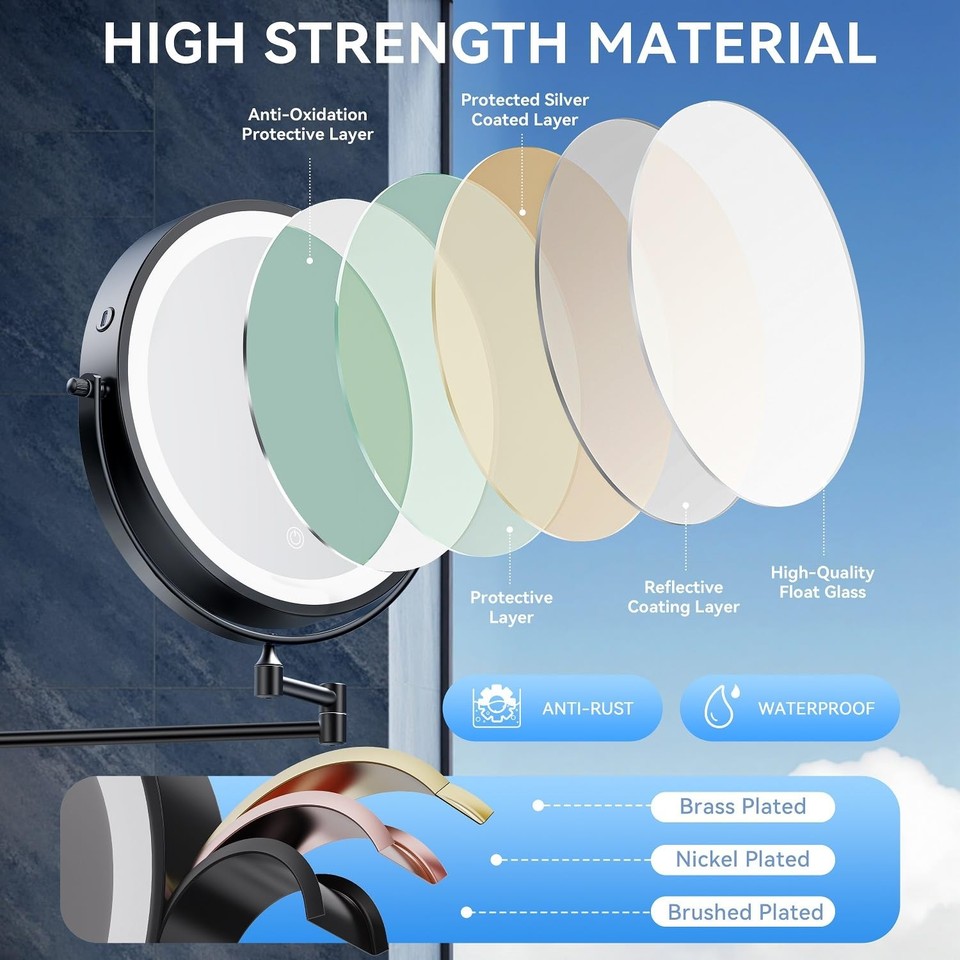 10'' 30X/1X Wall Mounted Lighted Makeup Mirror, 5000mAh Rechargeable ...