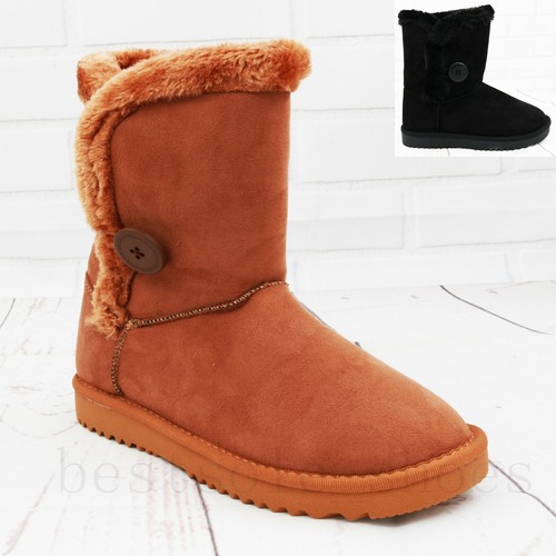 WOMENS LADIES ANKLE FUR SNUGG HUG BUTTON GRIP SOLE FLAT WARM WINTER ...