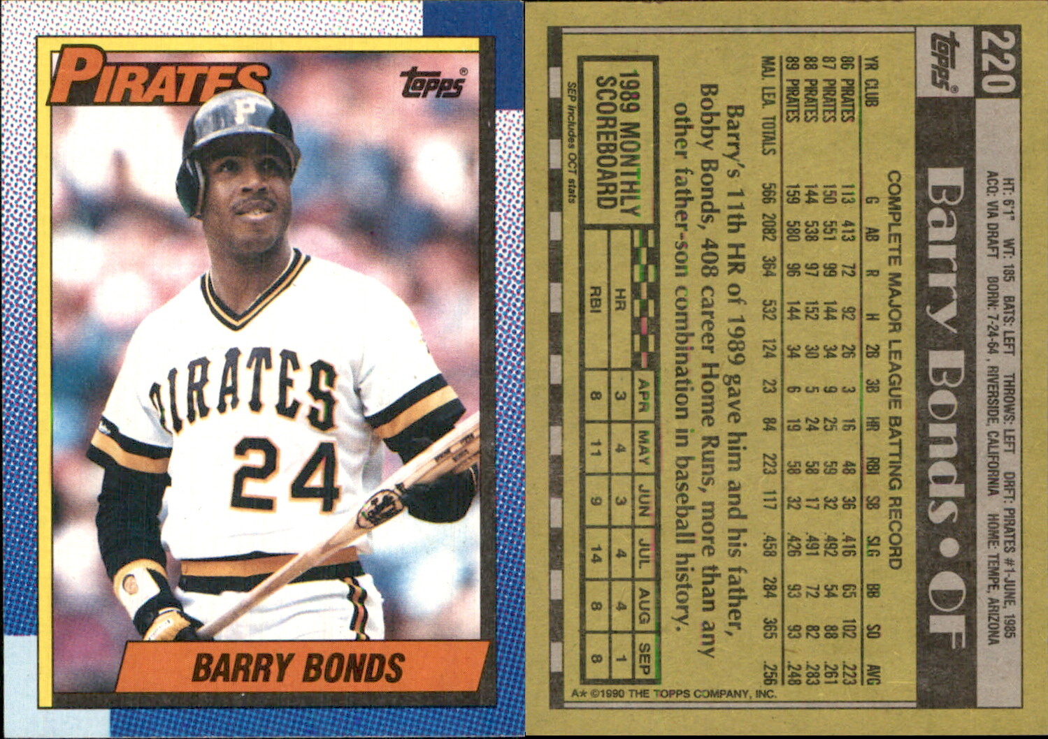 Barry Bonds 1990 Topps #220 Card Pittsburgh Pirates FREE SHIP ...