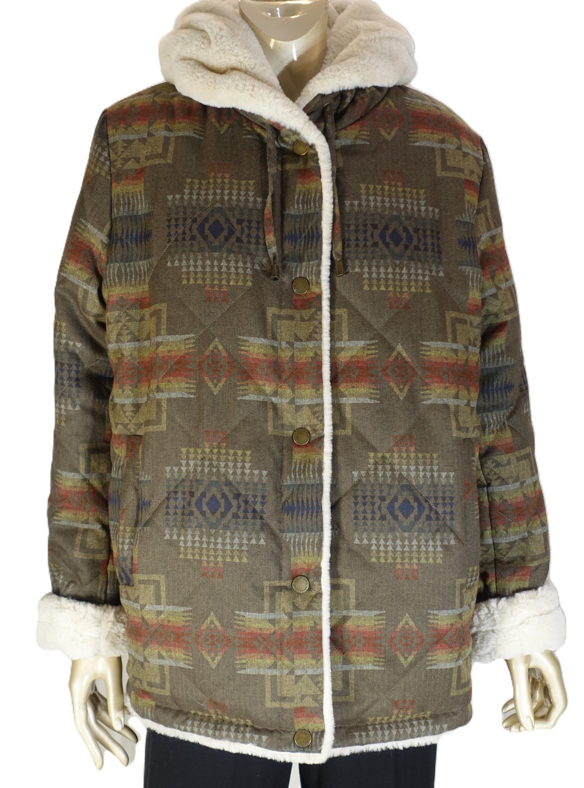 PENDLETON~SZ: L REVERSIBLE QUILTED AZTEC PRINT & IVORY FAUX FUR HOODED ...