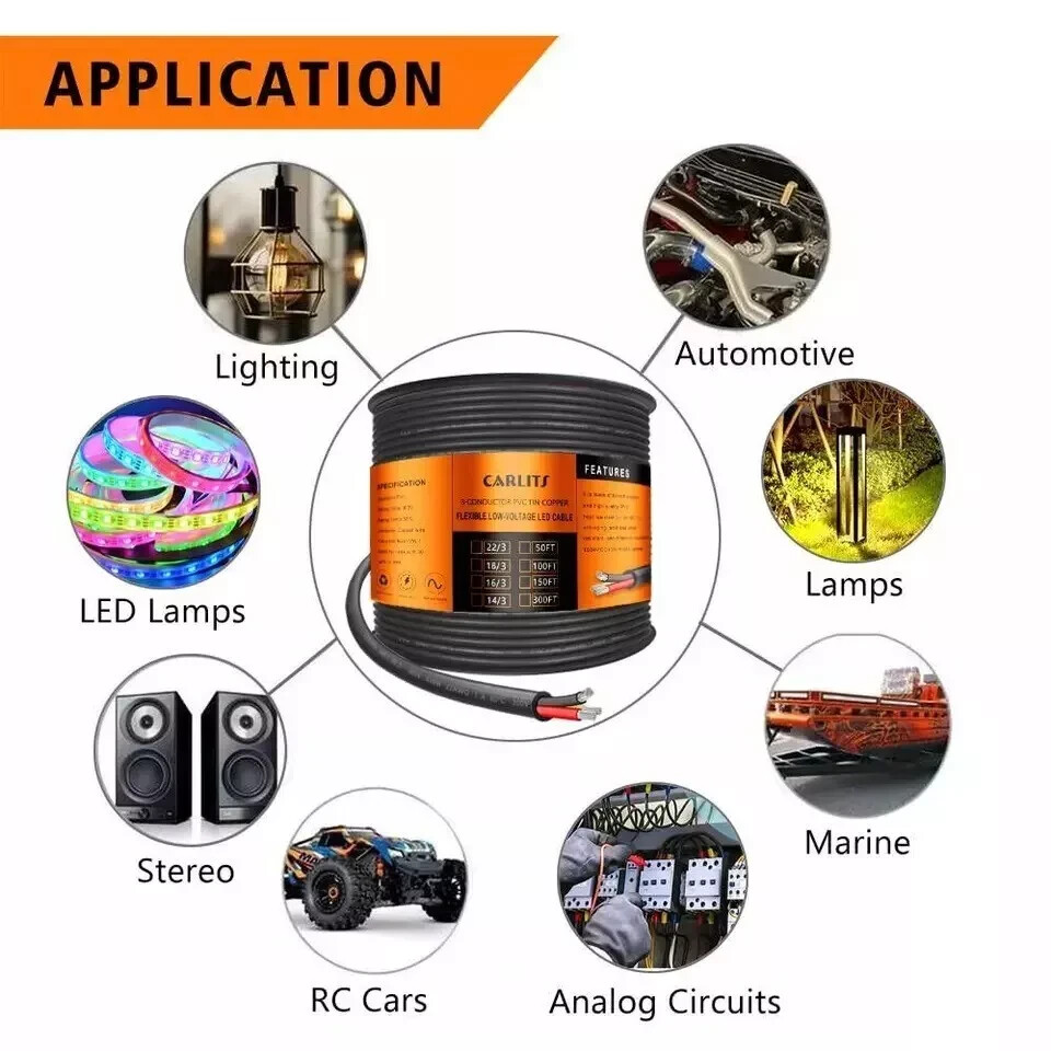 18 Gauge 3 Conductor Electrical Wire, 50FT Black Stranded Low Voltage ...