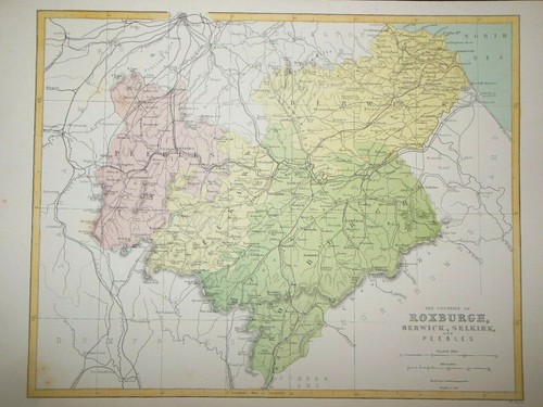 Antique Virtue Map of ROXBURGH, Scotland (1874) Berwick, Selkirk and ...
