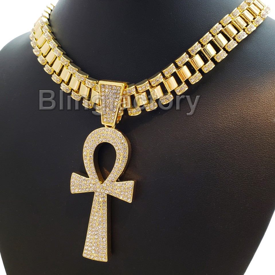 Hip Hop Iced Gold Tone Ankh Cross & 18" Iced Rollie Link Choker Chain ...
