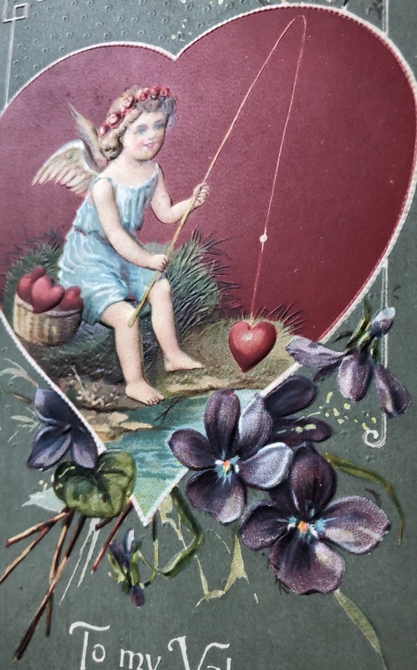 Vintage c1907 Postcard “To My Valentine” Cupid Angel Fishing Hearts ...