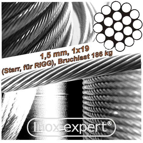 MP Rope 1.5mm 1X19 RIGG Wire Rope Stainless Steel A4 WANTS Steel Rope ...