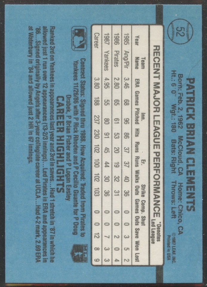 1988 Donruss #52 Pat Clements New York Yankees | eBay