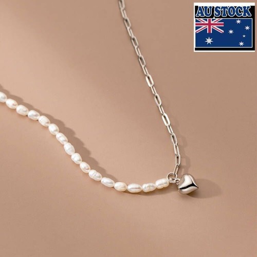 Woman s925 Sterling Silver Heart Charm Freshwater Pearl Rolo Link Chain ...