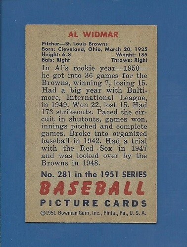 1951 BOWMAN HIGH # 281 AL WILMAR ST. LOUIS BROWNS AUTHENTIC FREE ...